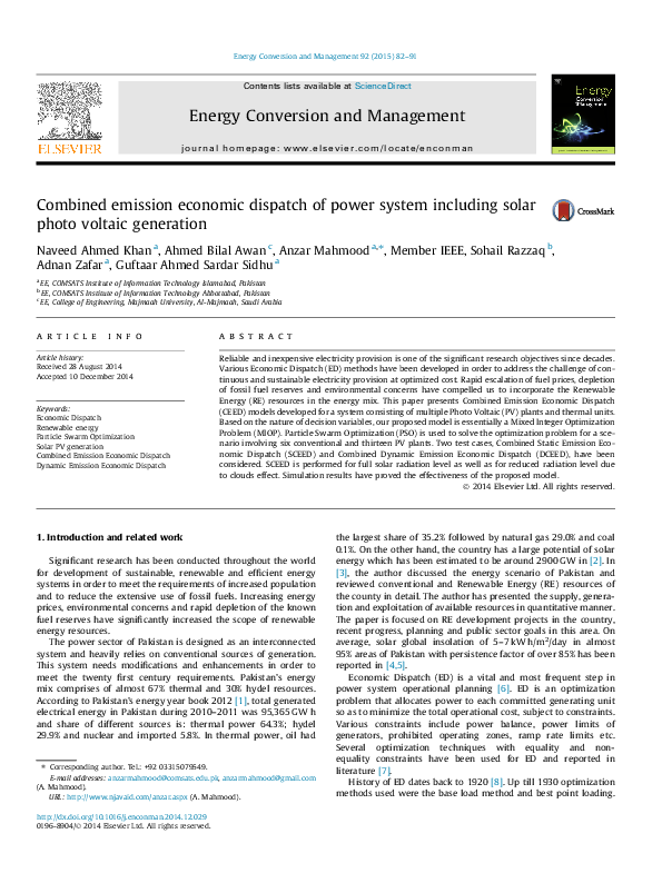 (PDF) Combined emission economic dispatch of power system including solar photo voltaic generation