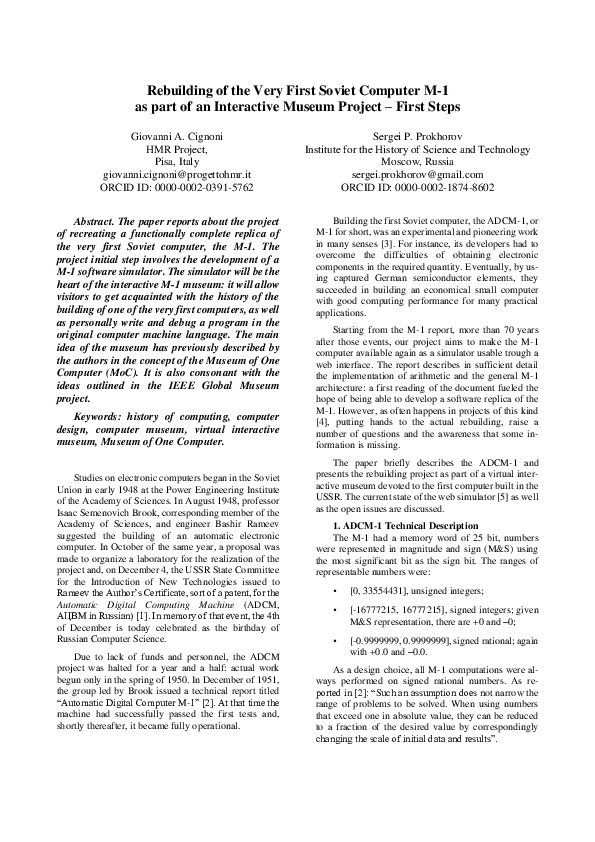 (PDF) Rebuilding of the Very First Soviet Computer M-1 as part of an ...