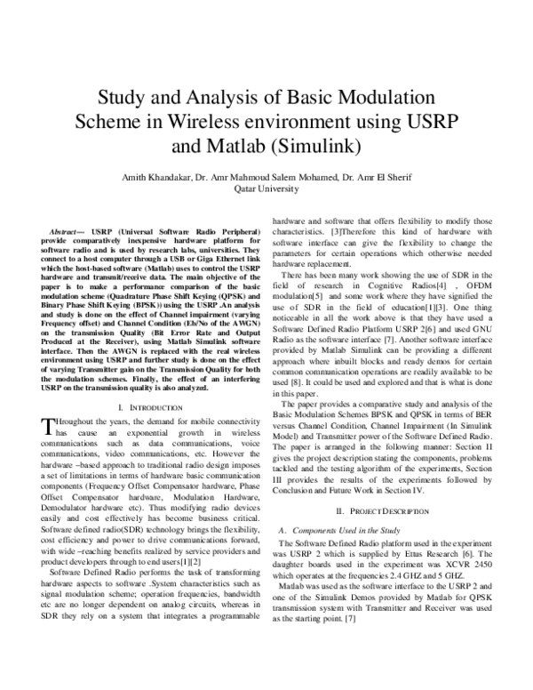 Pdf Modulation Scheme Analysis Using Usrp And Matlab