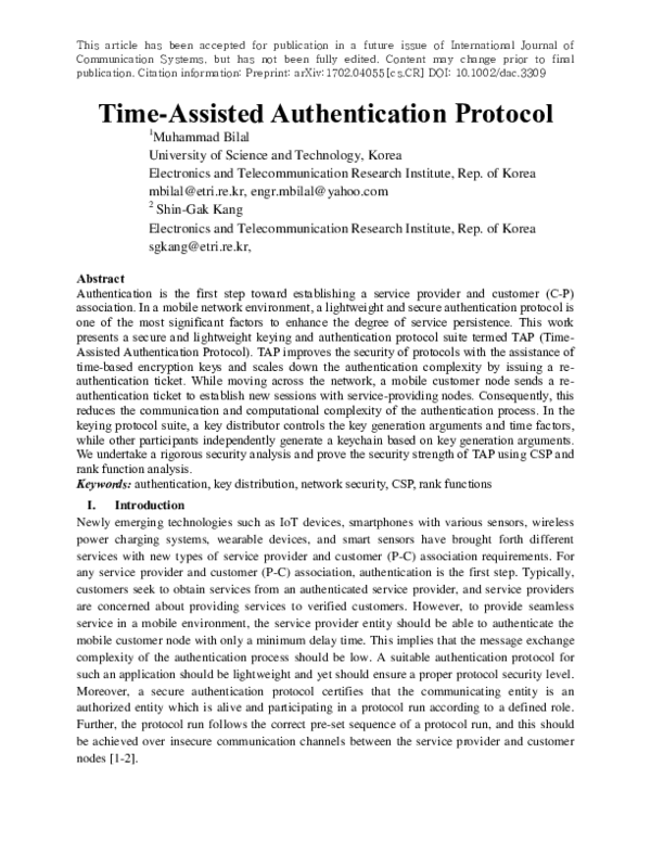 (PDF) Time-assisted authentication protocol