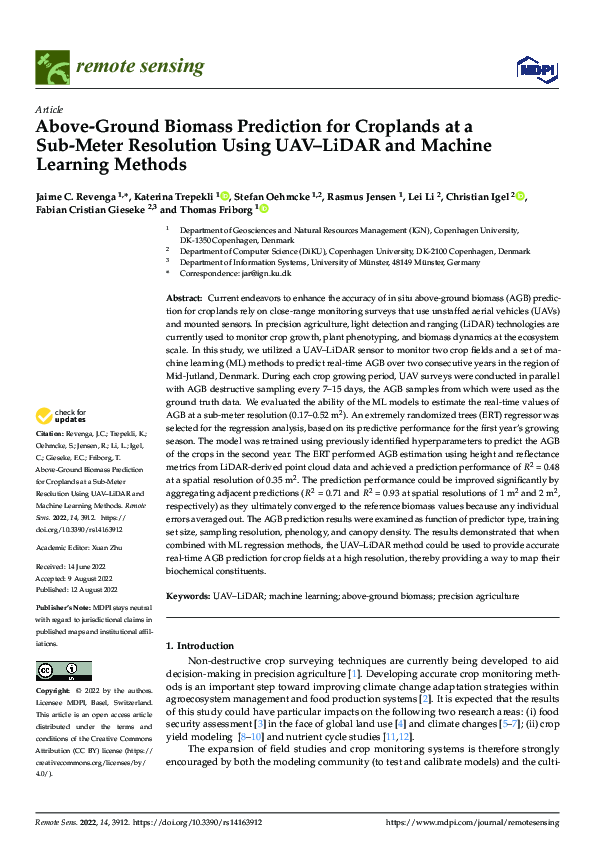(PDF) Above-Ground Biomass Prediction for Croplands at a Sub-Meter Resolution Using UAV–LiDAR ...