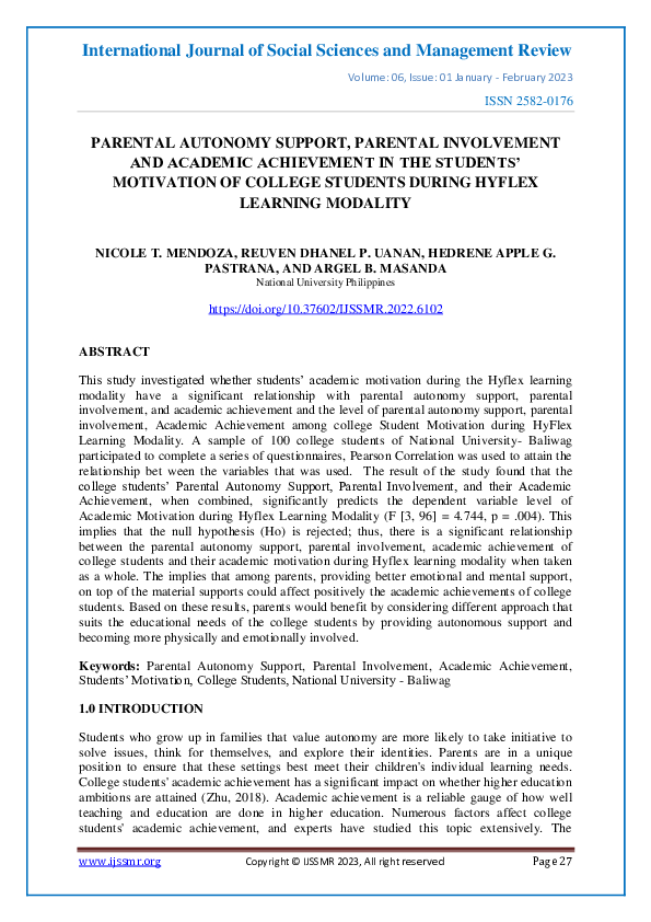 (PDF) Parental Autonomy Support, Parental Involvement and Academic ...