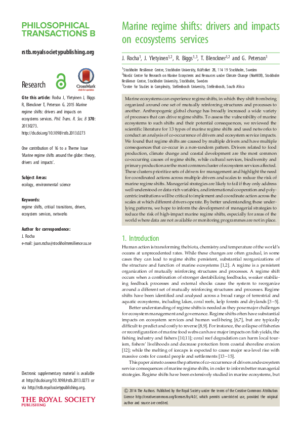 (PDF) Marine regime shifts: drivers and impacts on ecosystems services