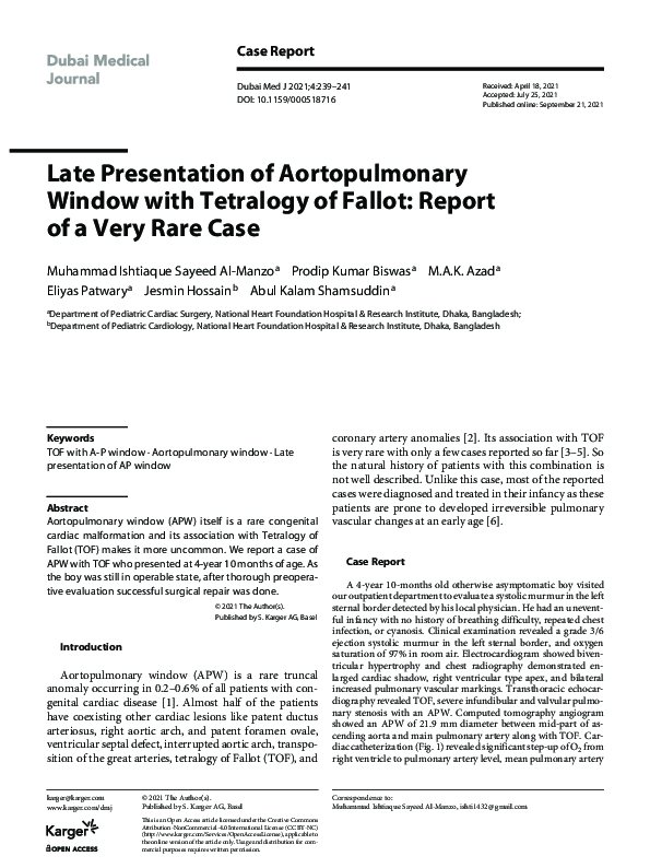 (PDF) Late Presentation of Aortopulmonary Window with Tetralogy of Fallot: Report of a Very Rare ...