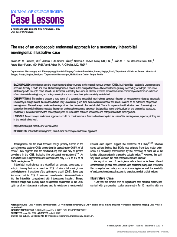 (PDF) The use of an endoscopic endonasal approach for a secondary intraorbital meningioma ...