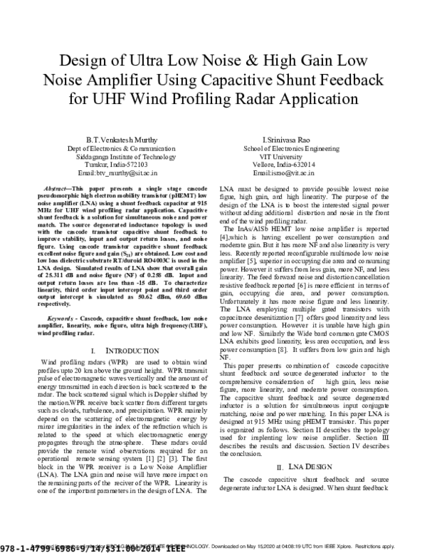 (PDF) Design of Ultra Low Noise & High Gain Low Noise Amplifier Using Capacitive Shunt Feedback ...
