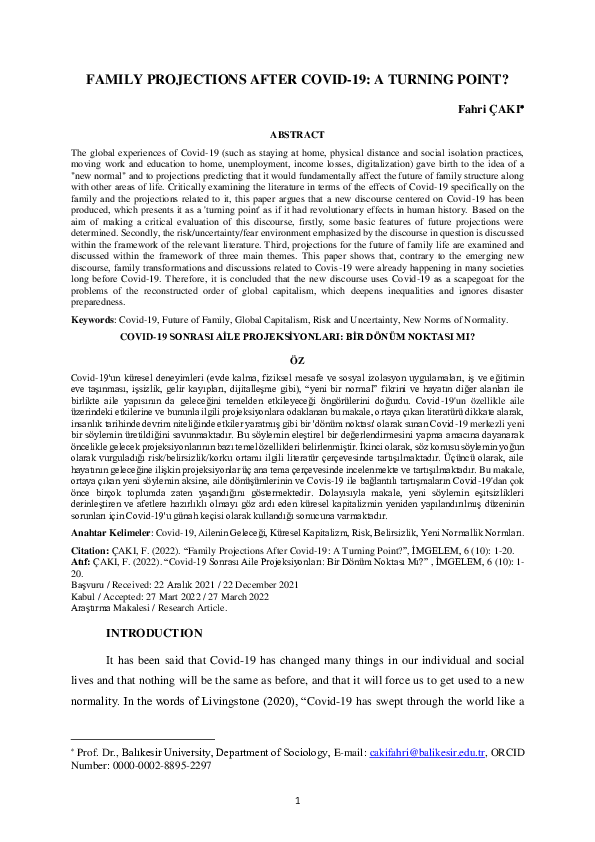 (PDF) FAMILY PROJECTIONS AFTER COVID-19: A TURNING POINT