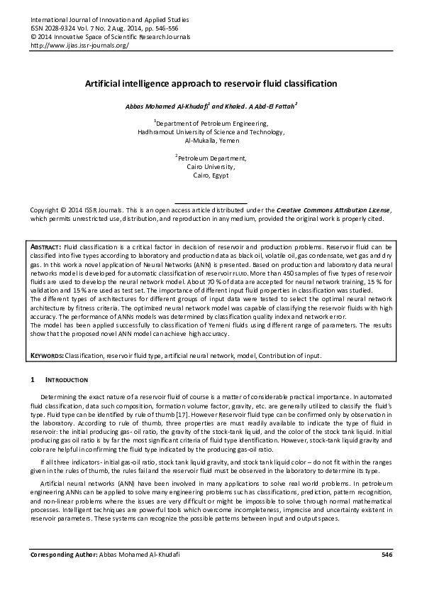 (PDF) Artificial intelligence approach to reservoir fluid classification