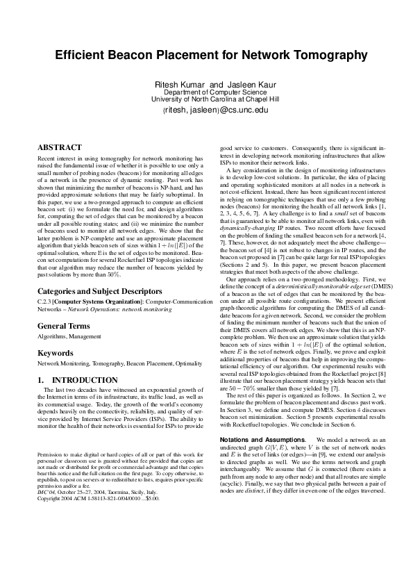 (PDF) Efficient beacon placement for network tomography