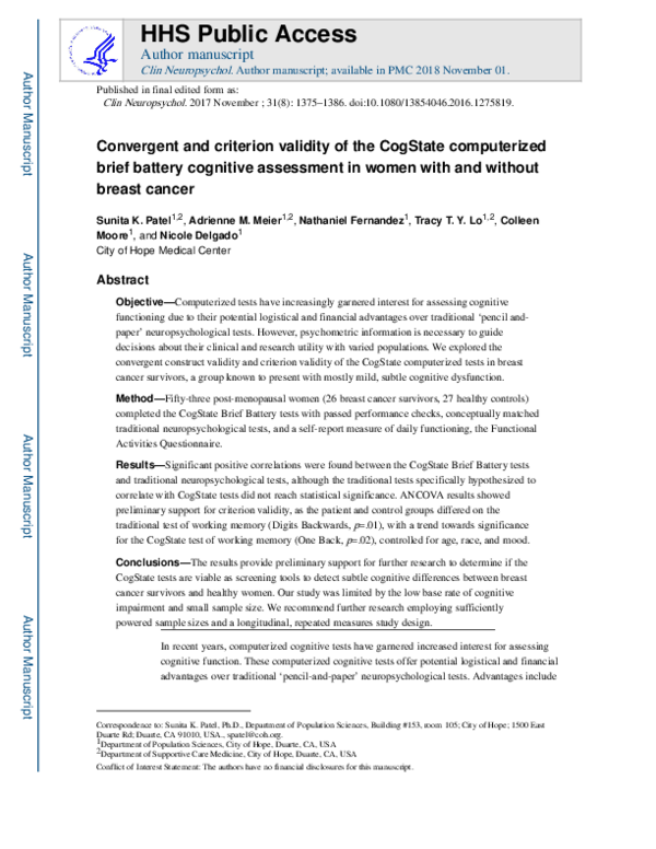 (PDF) Convergent and criterion validity of the CogState computerized ...