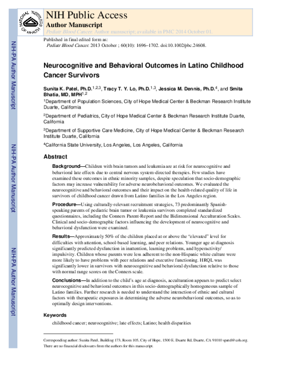 (PDF) Neurocognitive and behavioral outcomes in Latino childhood cancer survivors