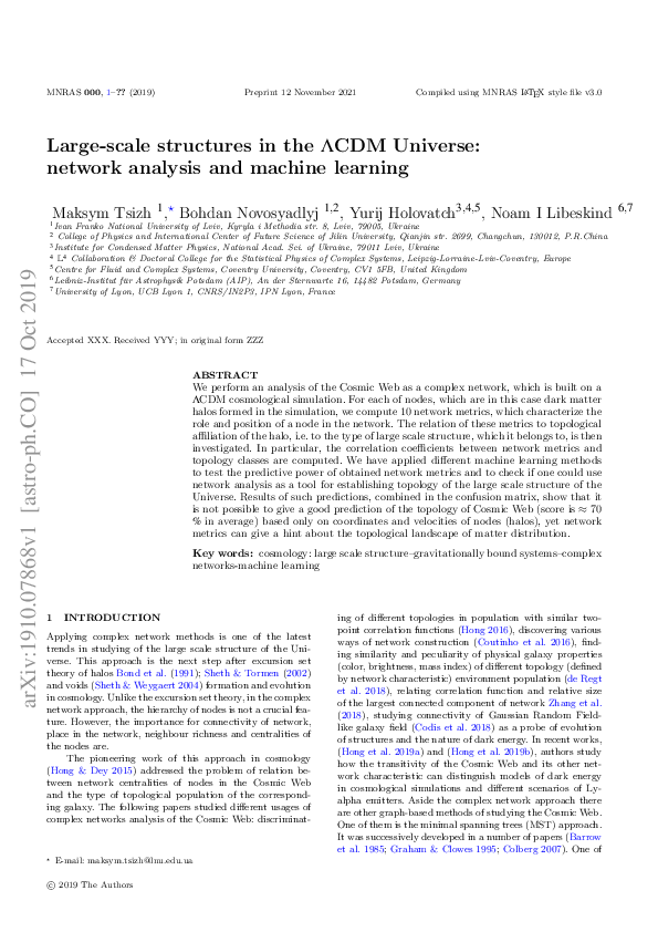 (PDF) Large-scale structures in the ΛCDM Universe: network analysis and machine learning