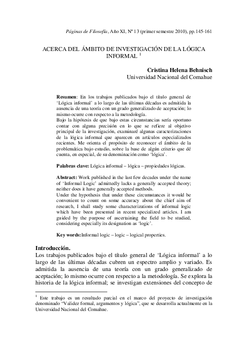 (PDF) Acerca del ámbito de investigación de la lógica informal