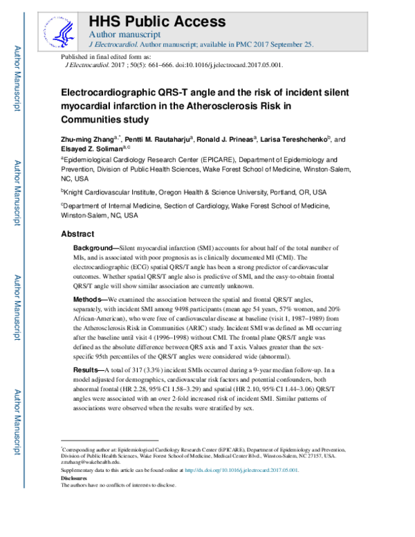 (PDF) Electrocardiographic QRS-T angle and the risk of incident silent ...