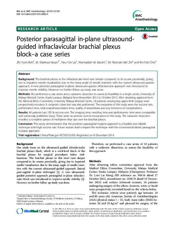 (PDF) Posterior parasagittal in-plane ultrasound-guided infraclavicular ...