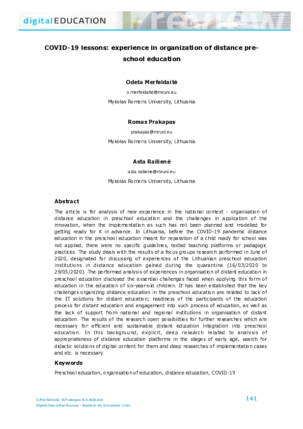 (PDF) COVID-19 Lessons: Experience in Organization of Distance Pre ...