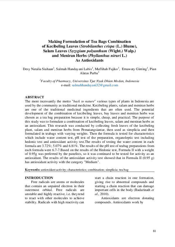 (PDF) Making Formulation of Tea Bags Combination of Kecibeling Leaves ...
