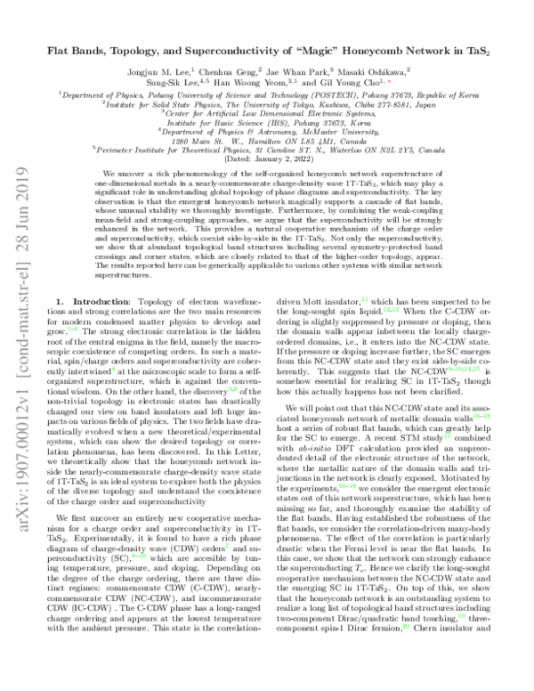 (PDF) Flat Bands, Topology, and Superconductivity of "Magic" Honeycomb Network in TaS2