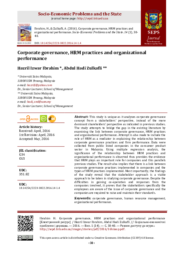 (PDF) Corporate governance, HRM practices and organizational performance