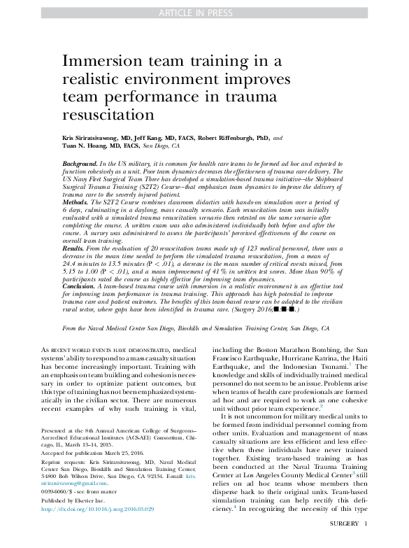 (PDF) Immersion team training in a realistic environment improves team ...