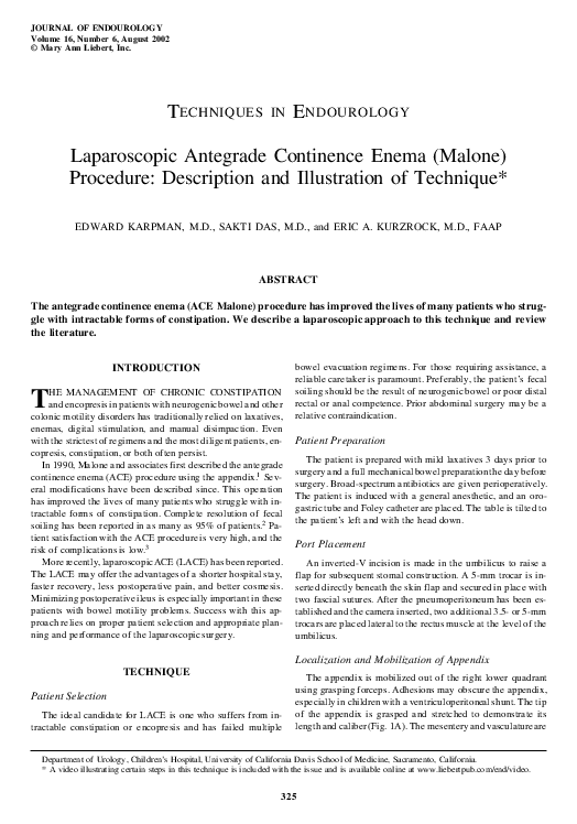 (PDF) Laparoscopic Antegrade Continence Enema (Malone) Procedure ...