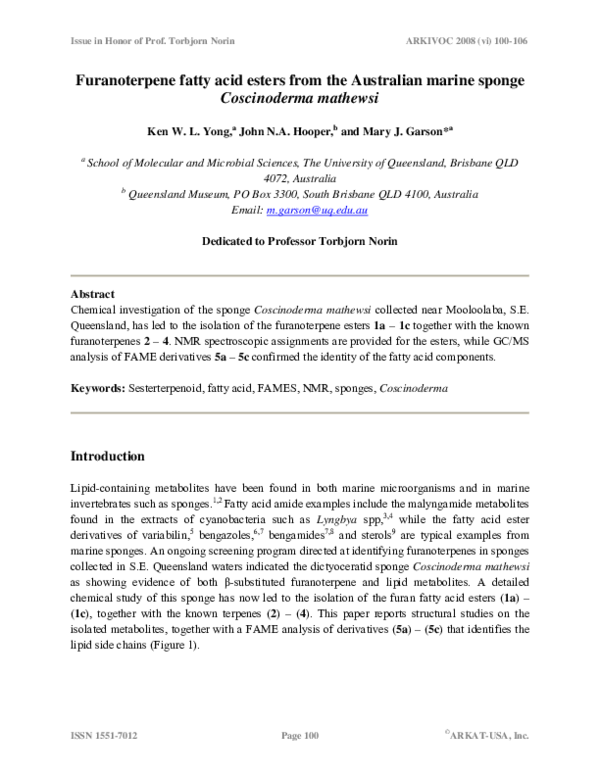 (PDF) Furanoterpene fatty acid esters from the Australian marine sponge ...