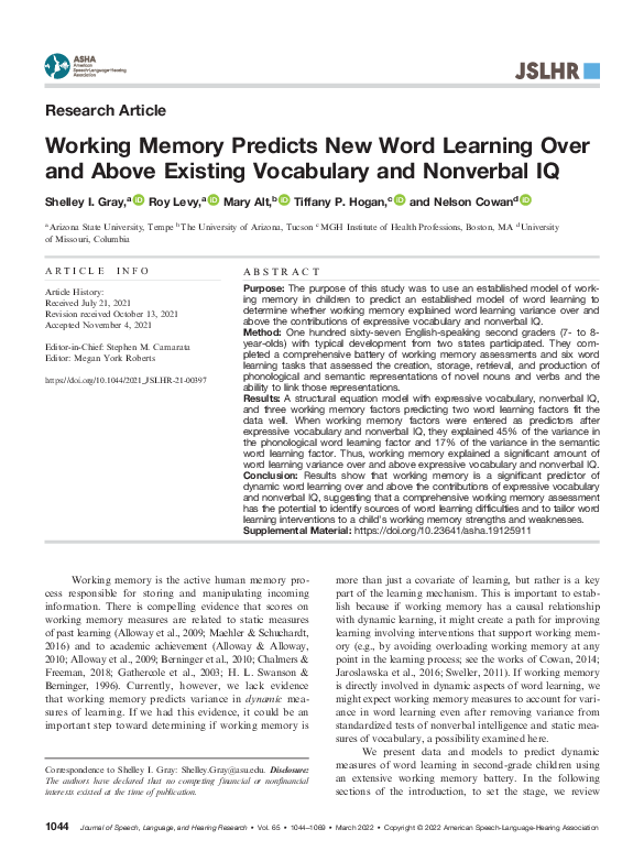 (PDF) Working Memory Predicts New Word Learning Over and Above Existing Vocabulary and Nonverbal ...
