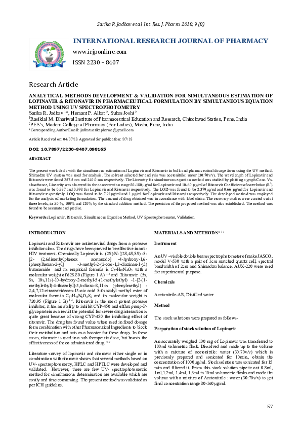 Pdf Analytical Methods Development And Validation For Simultaneous Estimation Of Lopinavir
