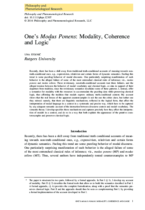 (PDF) One's Modus Ponens : Modality, Coherence and Logic