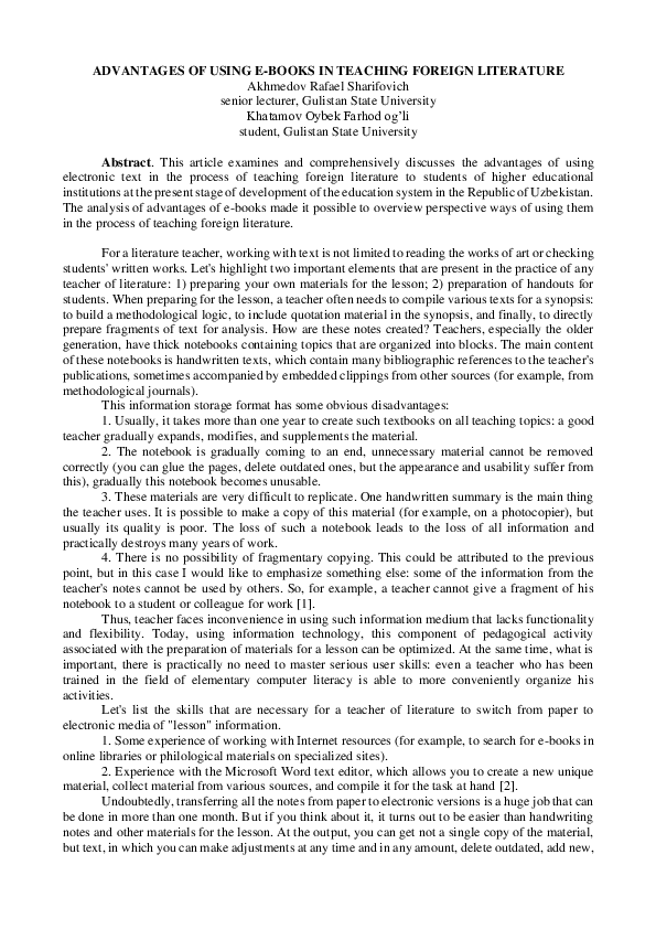 (PDF) Advantages of Using E-Books in Teaching Foreign Literature