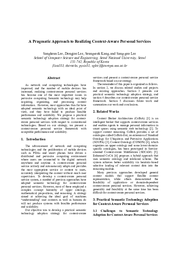 Pdf A Pragmatic Approach To Realizing Context Aware Personal Services