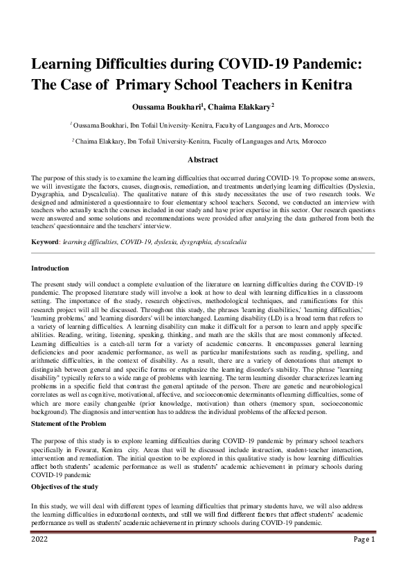 (PDF) Learning Difficulties during COVID-19 Pandemic: The Case of Primary School Teachers in Kenitra