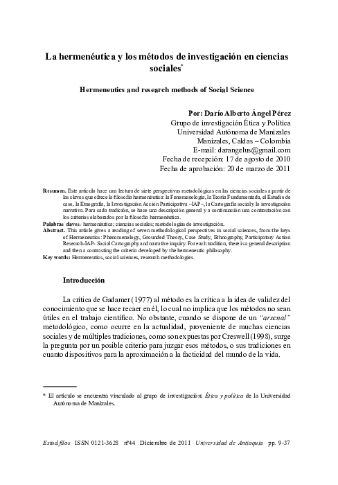 (PDF) La hermenéutica y los métodos de investigación en ciencias sociales