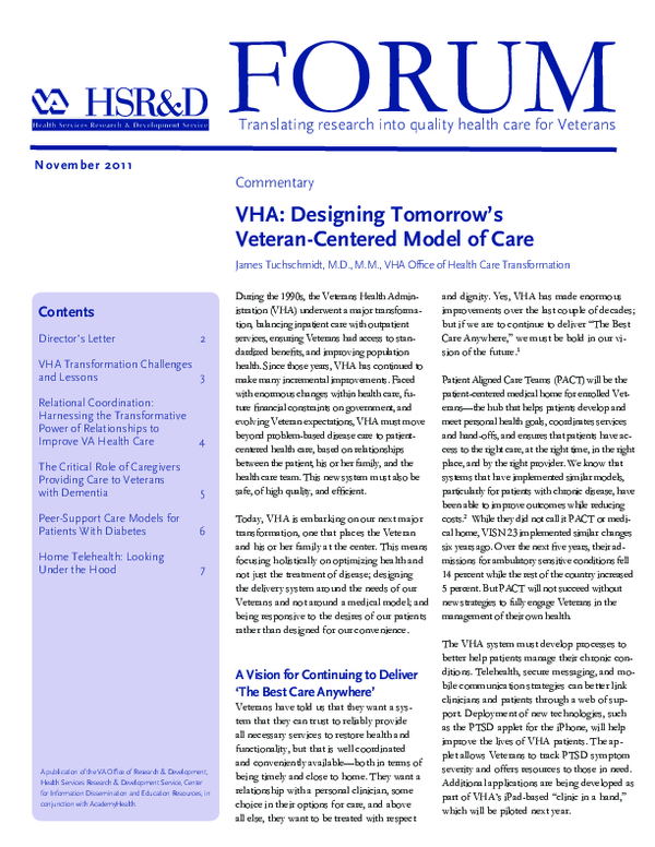 (PDF) VHA: Designing Tomorrow's Veteran-Centered Model of Care | James ...