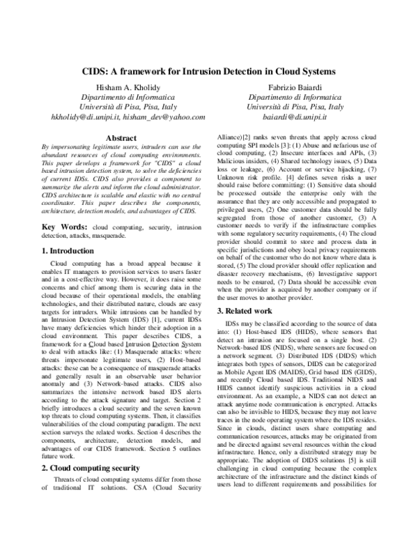 Pdf Cids A Framework For Intrusion Detection In Cloud Systems