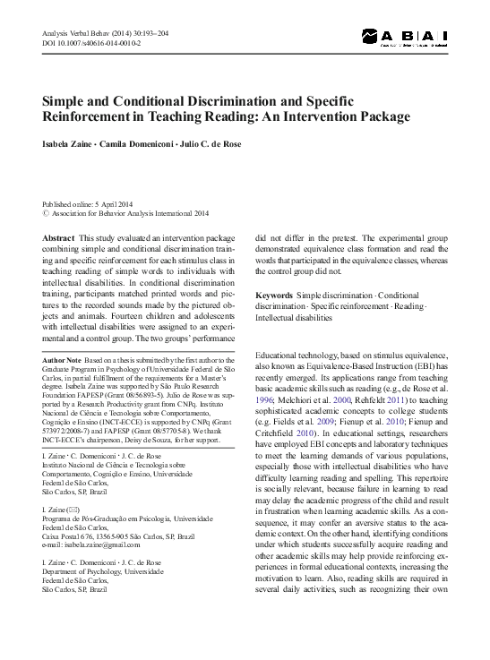 (PDF) Simple and Conditional Discrimination and Specific Reinforcement ...