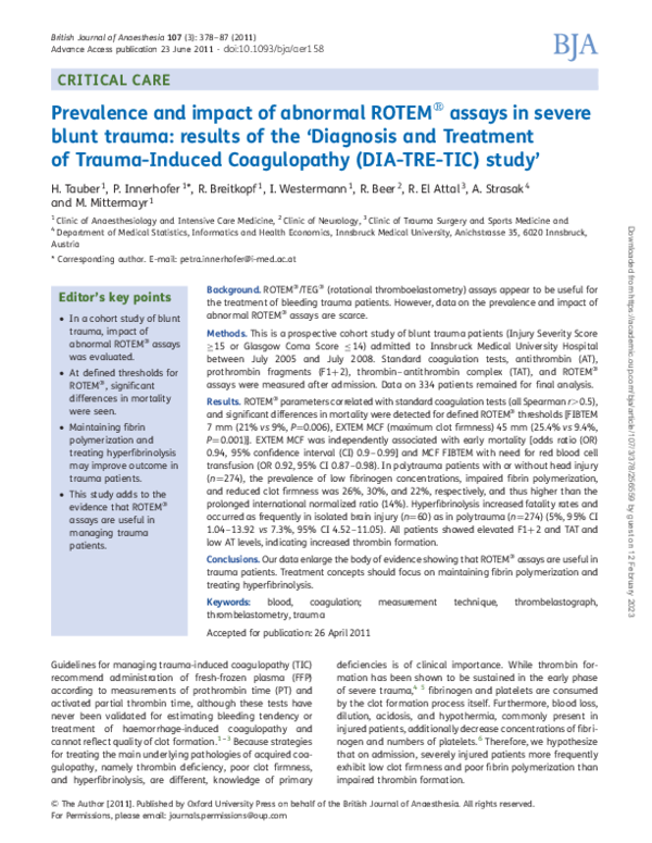 (PDF) Prevalence and impact of abnormal ROTEM® assays in severe blunt ...