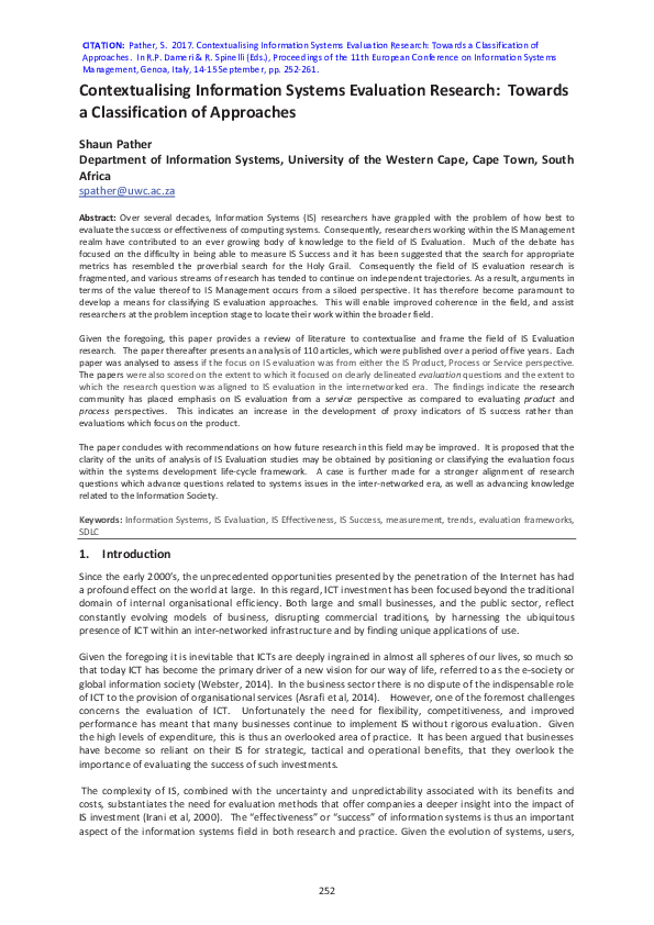 (PDF) Contextualising Information Systems Evaluation Research: Towards a Classification of ...