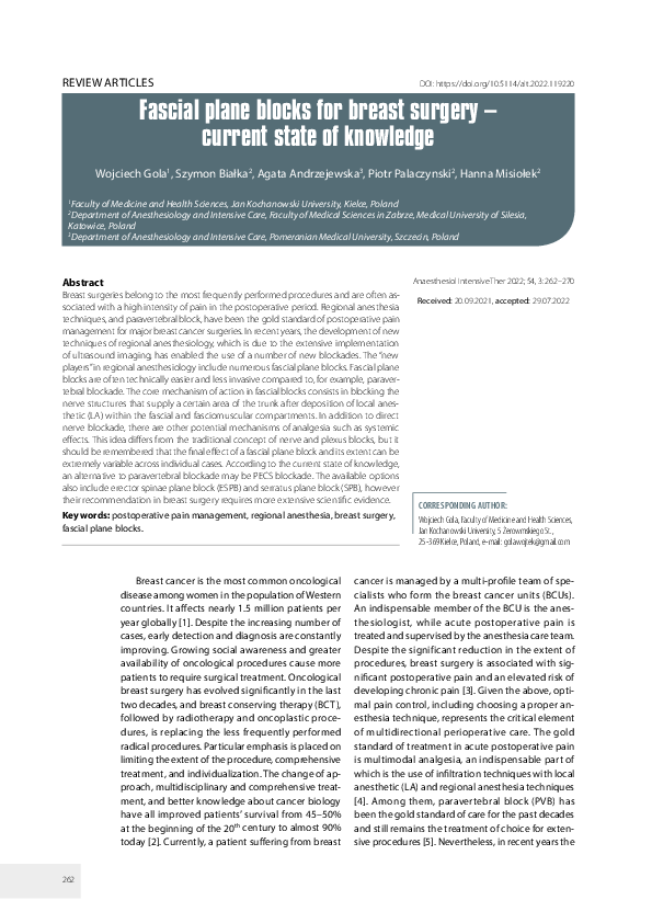 (PDF) Fascial plane blocks for breast surgery – current state of knowledge