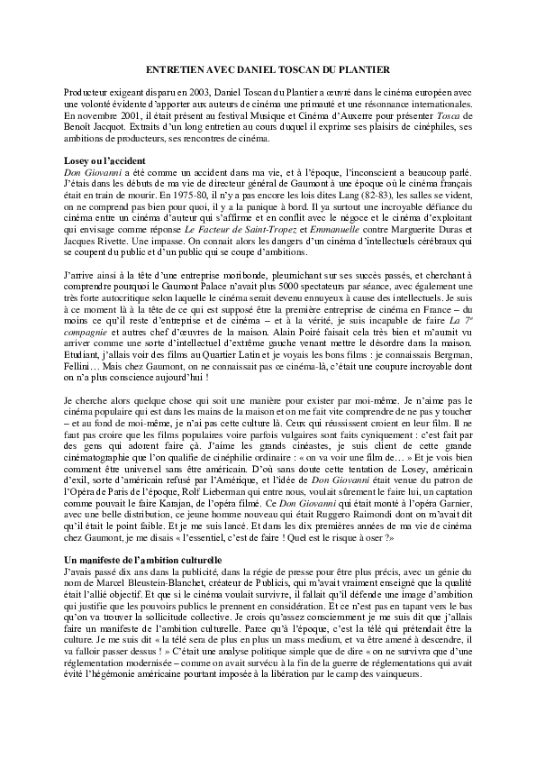 (PDF) LE FILM OPERA : Entretien avec Daniel TOSCAN DU PLANTIER