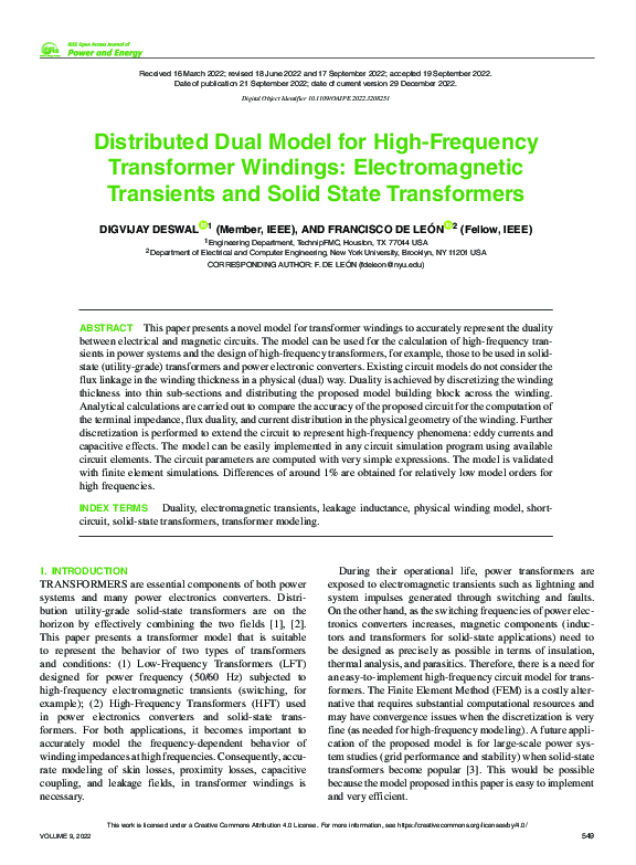 (PDF) Distributed Dual Model for High-Frequency Transformer Windings: Electromagnetic Transients ...