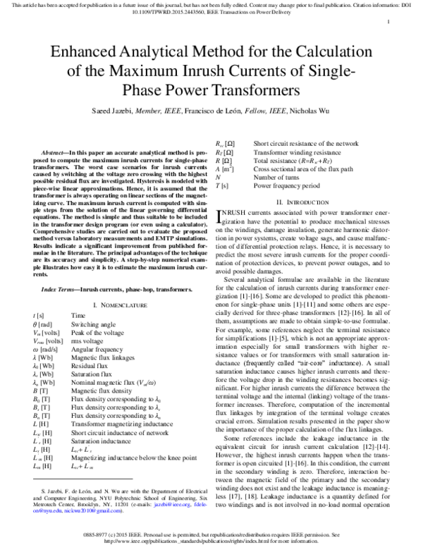 (PDF) Enhanced Analytical Method for the Calculation of the Maximum Inrush Currents of Single ...
