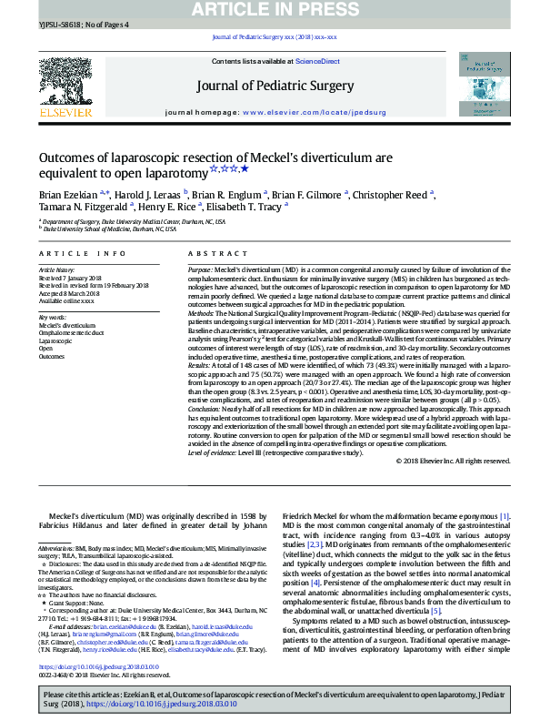 (PDF) Outcomes of laparoscopic resection of Meckel's diverticulum are ...