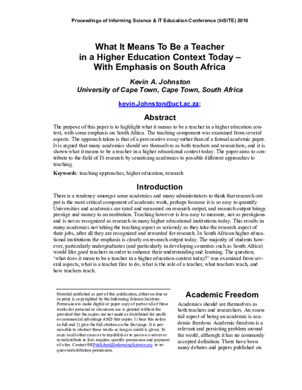 (PDF) What It Means To Be a Teacher in a Higher Education Context Today ...