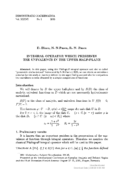 Pdf Integral Operator Which Preserves The Univalence In The Upper Half Plane