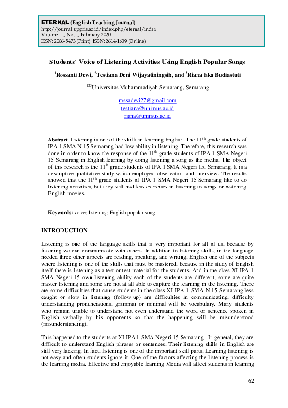 (PDF) Students’ Voice of Listening Activities Using English Popular Songs