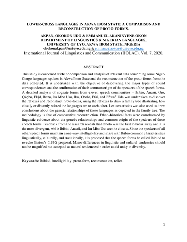 (PDF) LOWER-CROSS LANGUAGES IN AKWA IBOM STATE: A COMPARISON AND ...