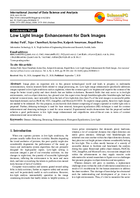 (PDF) Low Light Image Enhancement for Dark Images | Tejas Chaudhari - Academia.edu
