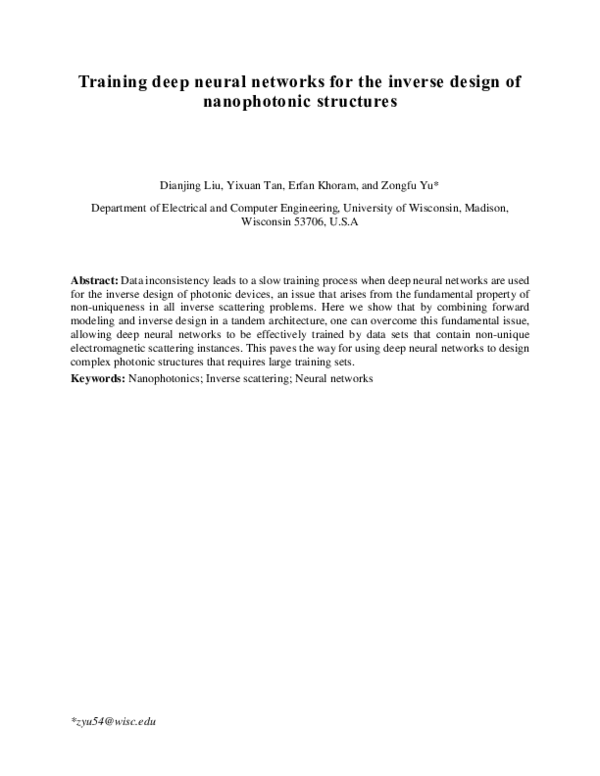 (PDF) Training Deep Neural Networks for the Inverse Design of Nanophotonic Structures