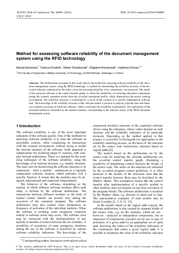 (PDF) Method for assessing software reliability of the document management system using the RFID ...